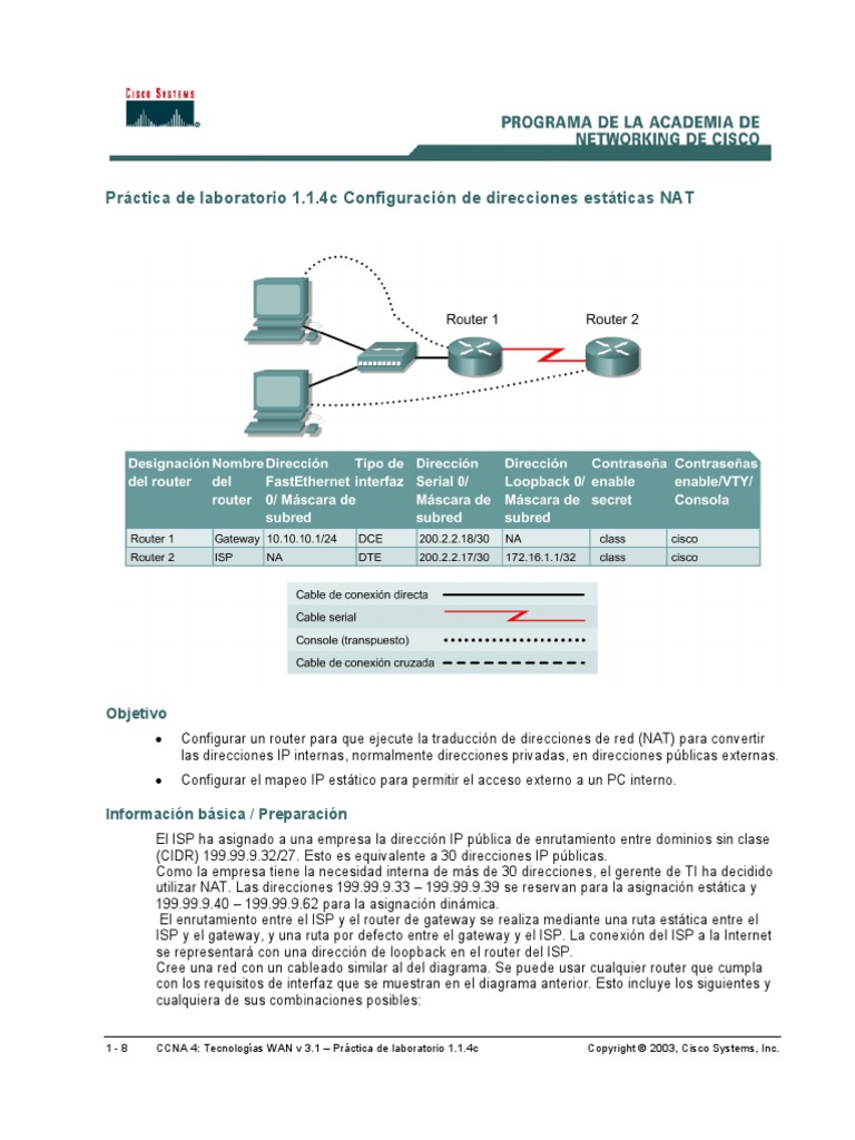 NAT - Configuración de Direcciones Estáticas NAT PDF | PDF | Enrutador (Computación) | Dirección IP