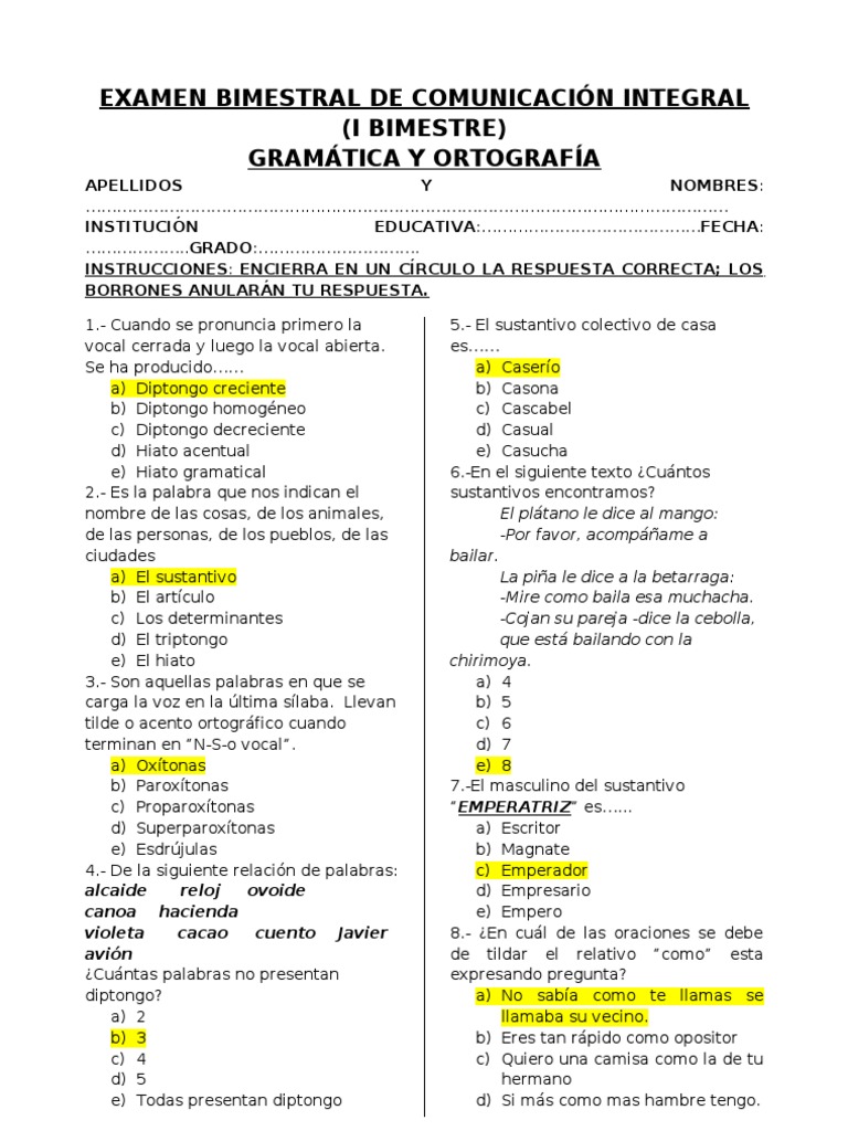 Examen Bimestral de Comunicación Integral Tucume | PDF | Fonética | Fonología