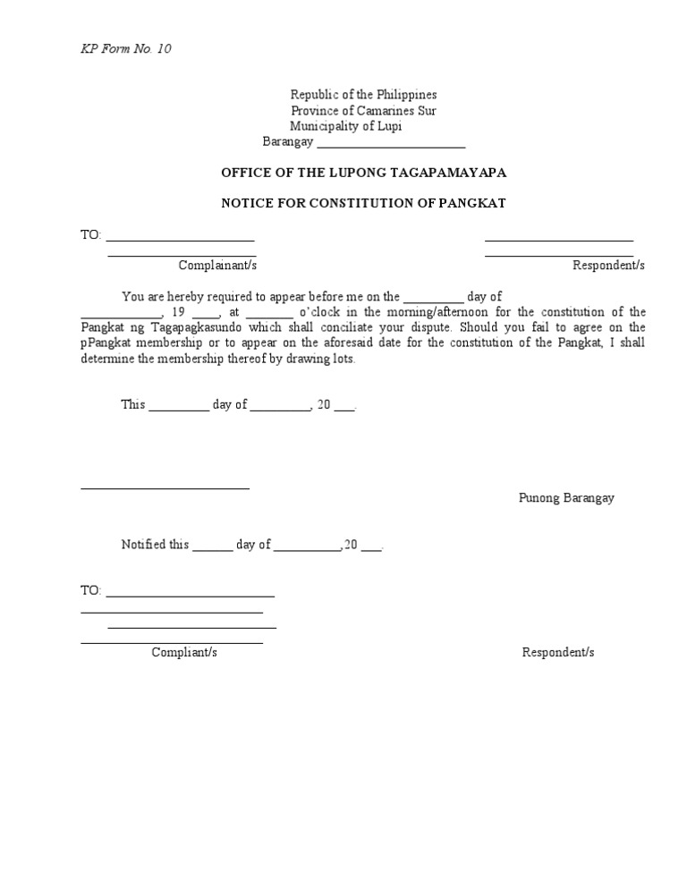 KP Form No. 10: Office of The Lupong Tagapamayapa Notice For ...