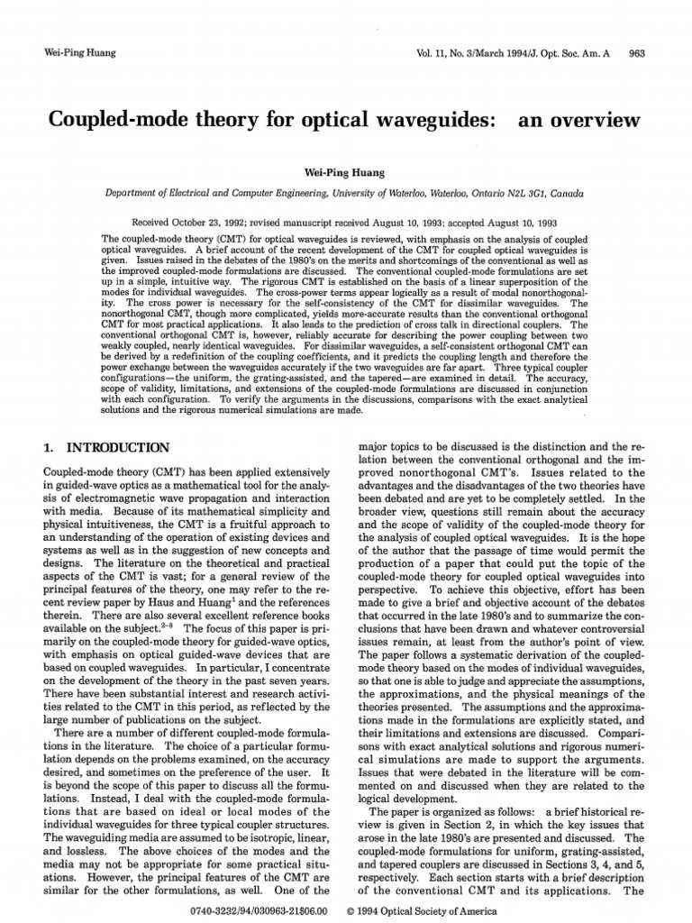 Coupled-Mode Theory For Optical Waveguides An Overview | PDF ...