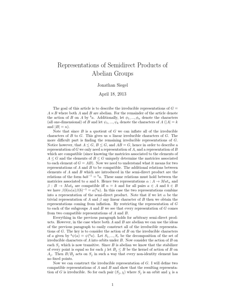 Irreducible Representations of Abelian Semidirect Products | PDF ...
