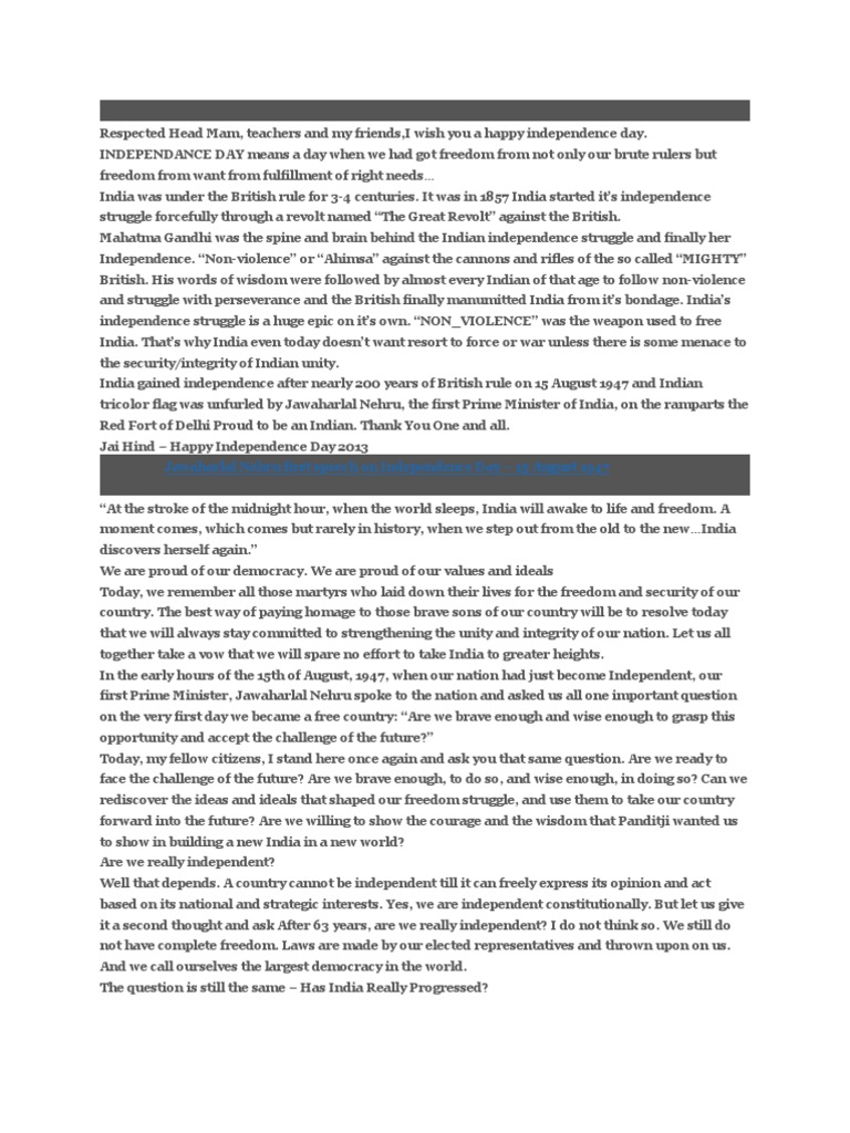 Model No. 1: Jawaharlal Nehru First Speech On Independence Day - 15 ...