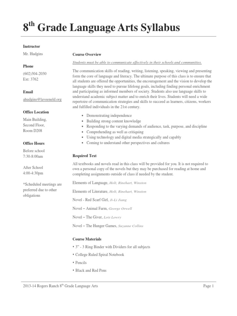 8th Grade Language Arts Syllabus | PDF | Homework | Classroom