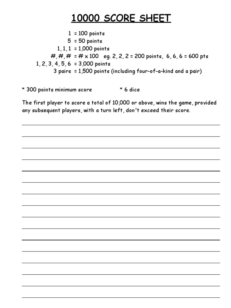10 000 Dice Game Score Sheet Printable