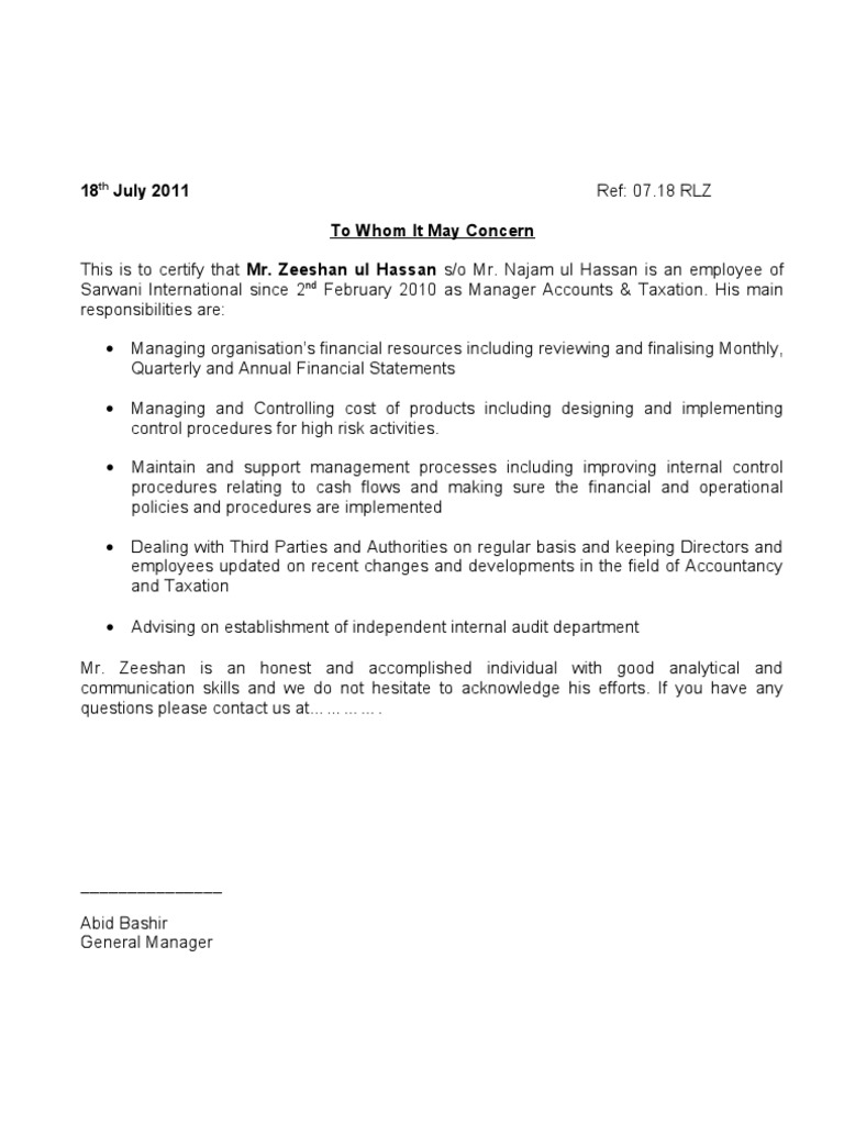 Experience Letter | Internal Control | Service Industries