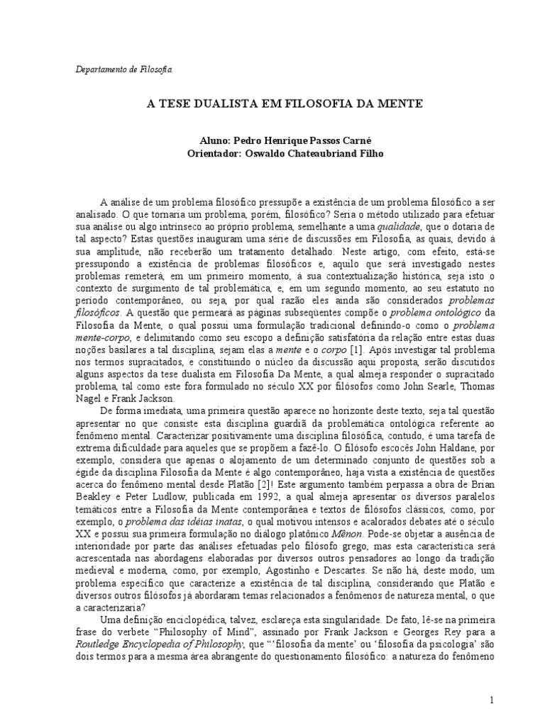 Tese Dualista na Filosofia da Mente | PDF | Dualismo | Mente
