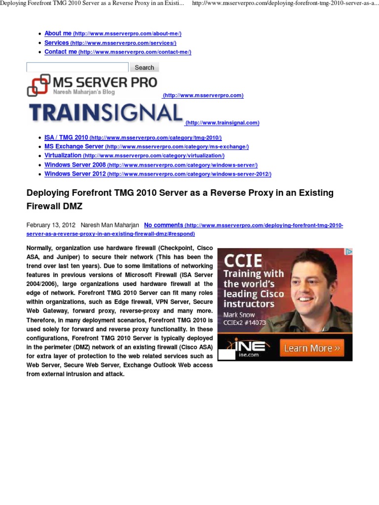 Deploying Forefront Tmg 2010 Server As A Reverse Proxy In An Existing Firewall Dmz Ms Server