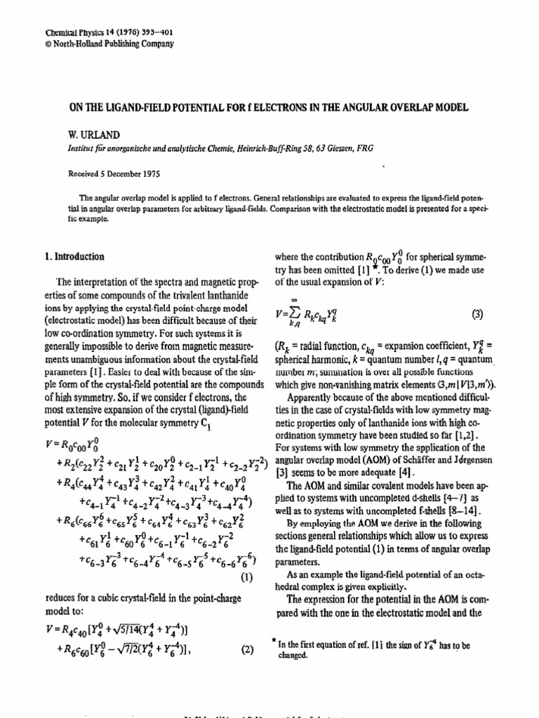 Angular Overlap Model For F-Electrons | PDF | Molecular Orbital ...