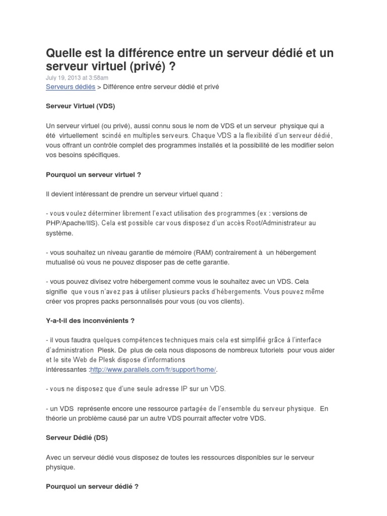 Quelle Est La Différence Entre Un Serveur Dédié Et Un Serveur Virtuel | PDF