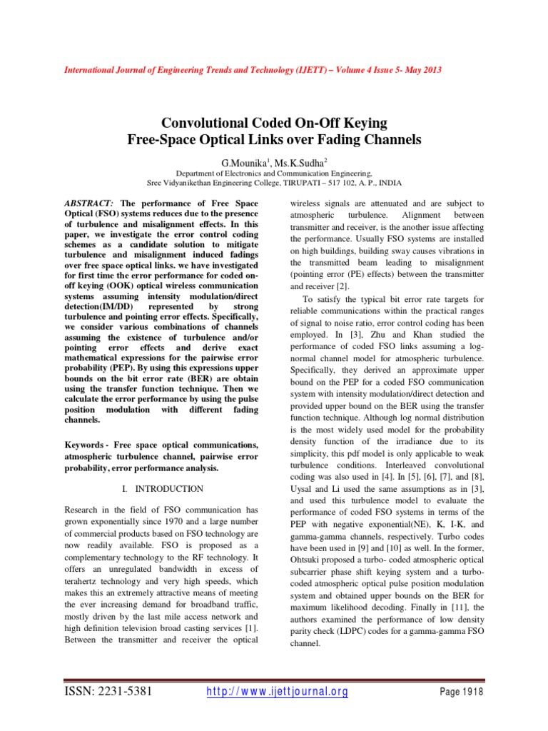 Convolutional Coded On-Off Keying Free-Space Optical Links Over Fading Channels | PDF | Forward ...