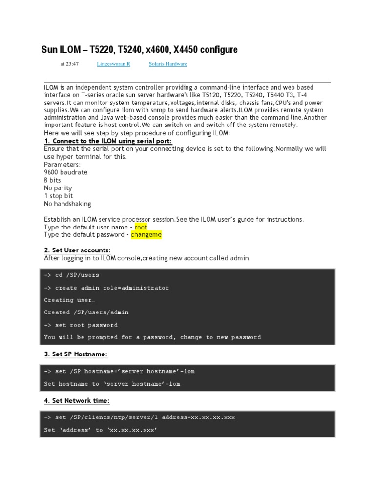 Sun ILOM - T5220, T5240, x4600, X4450 Configure: 1. Connect To The ILOM Using Serial Port | PDF ...