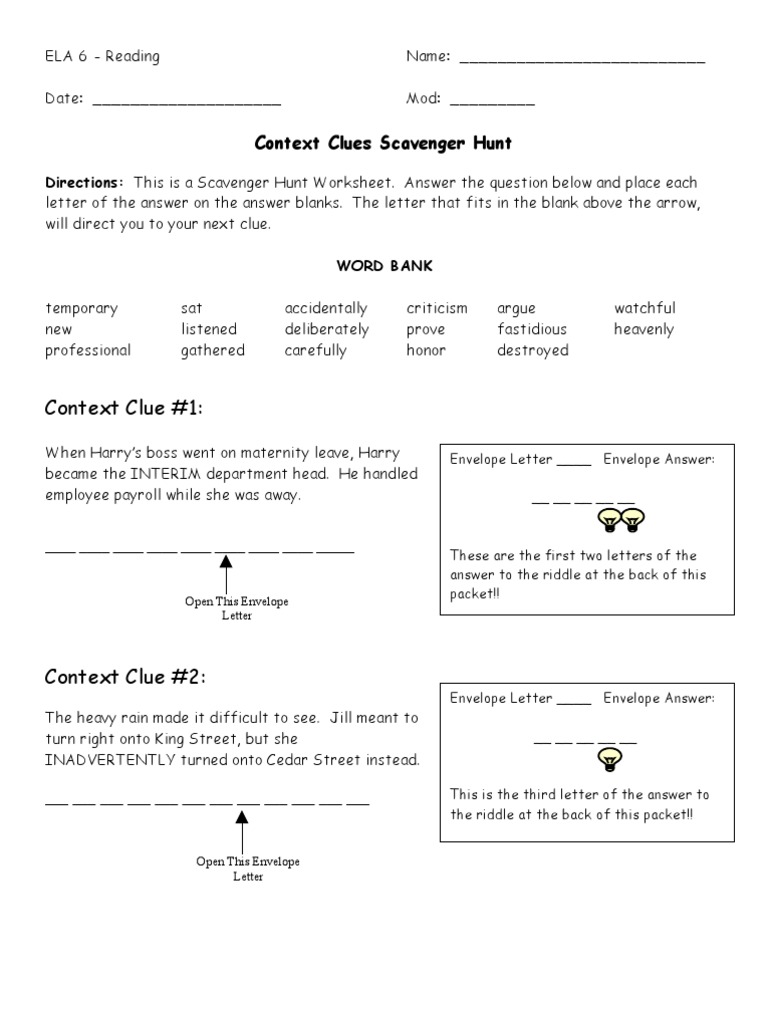 Context Clue Scavenger Hunt | PDF