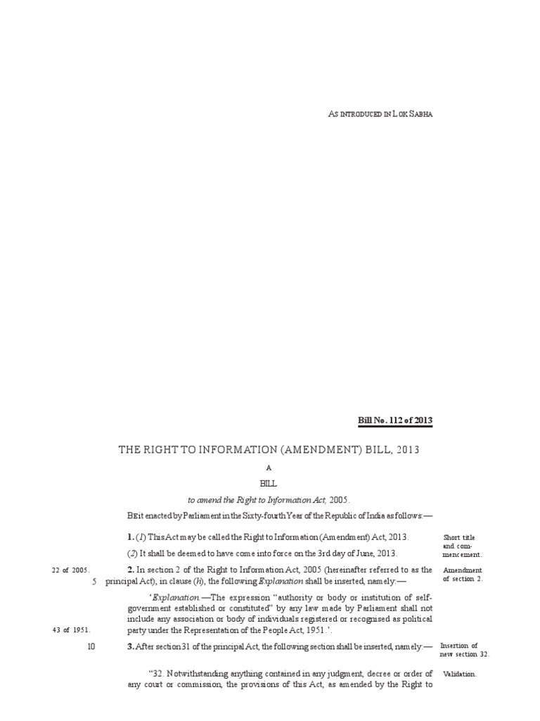 RTI Amendment Bill 2013 | PDF | Act Of Parliament | Government Information
