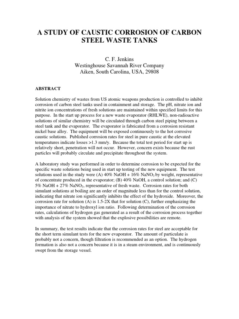 A Study of Caustic Corrosion of Carbon Steel Waste Tanks | PDF ...