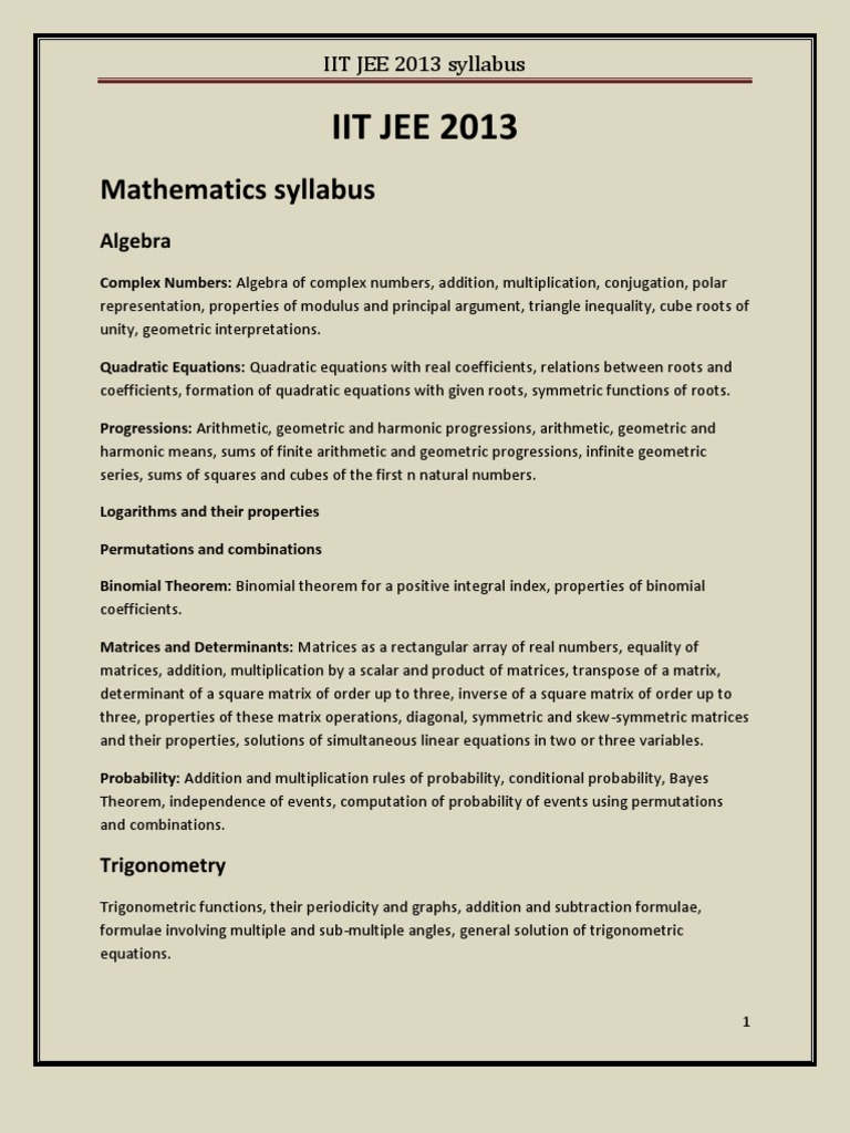 IIT JEE Syllabus | PDF | Matrix (Mathematics) | Trigonometric Functions