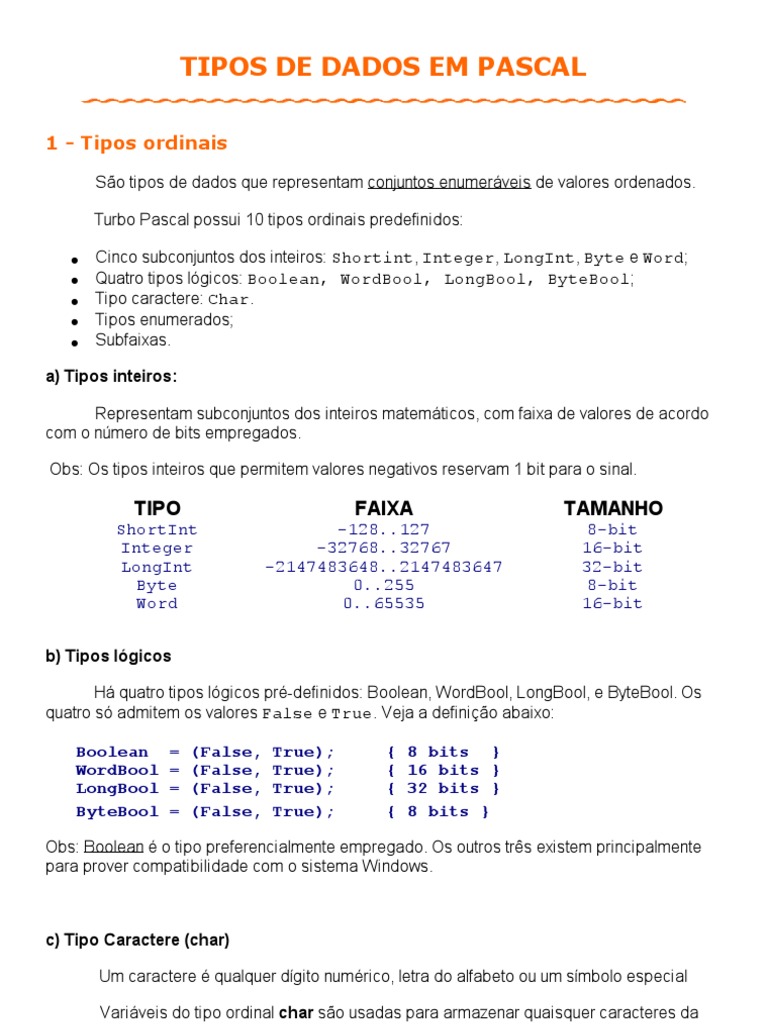 Tipos de Dados em - Pascal | PDF | Mordeu | Tipo de dado booleano