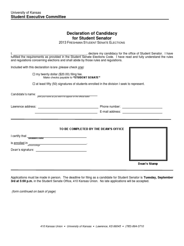 2013 KU Student Senator Candidacy Form | PDF