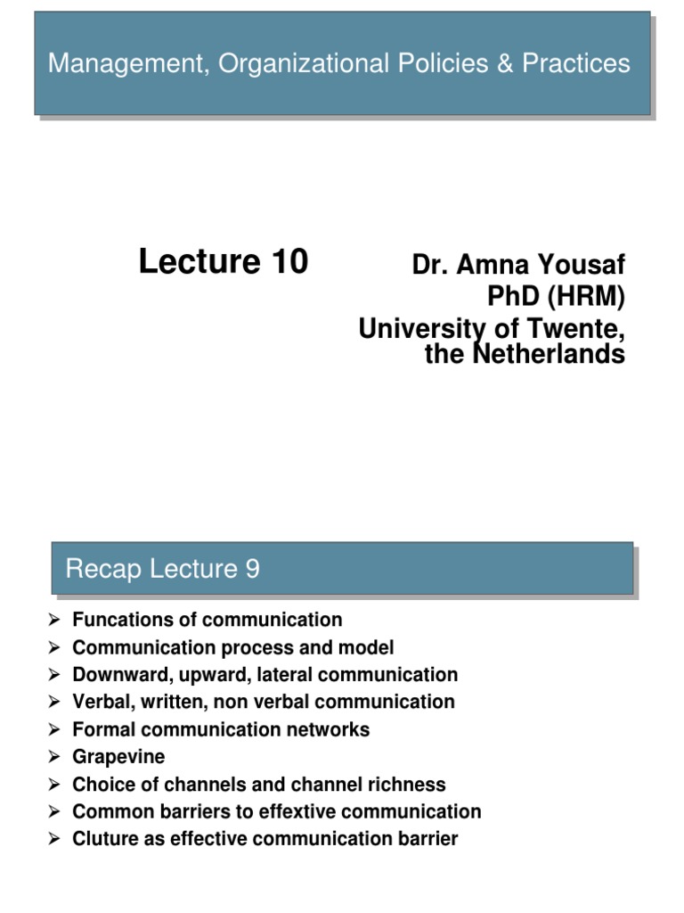 Management, Organizational Policies & Practices: Dr. Amna Yousaf PHD ...