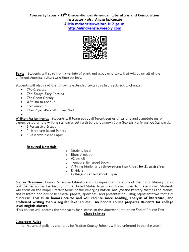 American Lit Syllabus 11th Honors | PDF | Reading Comprehension | Poetry