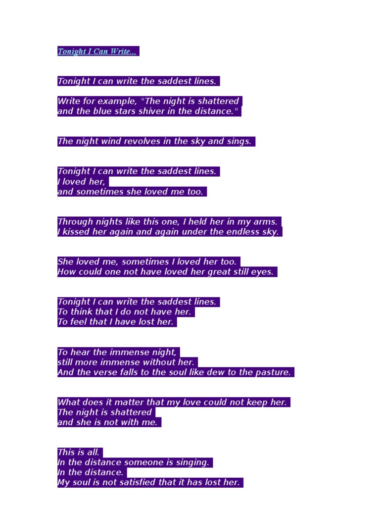 Neruda's "Tonight I Can Write" Analysis | PDF | Poetry