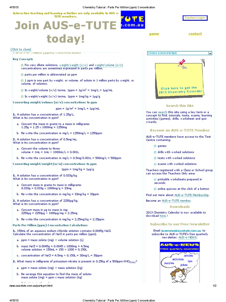 Chemistry Tutorial - Parts Per Million (PPM) Concentration | PDF | Mass ...