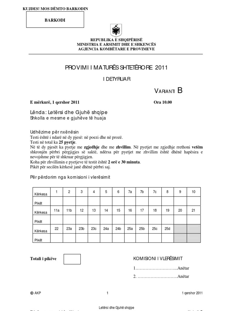 Letersi Dhe GJ Shqipe Gjuhet e Huaja - Varianti B | PDF