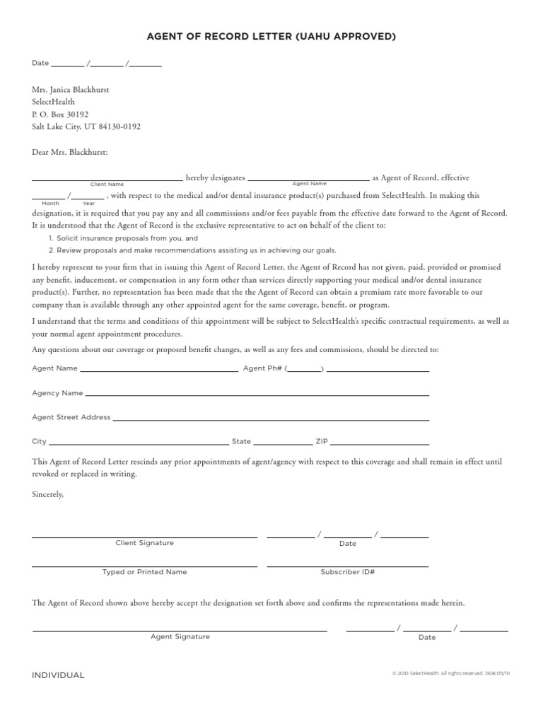 Agent of Record Letter (Uahu Approved) : Date | PDF | Insurance ...