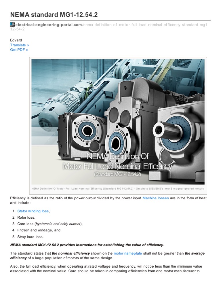 NEMA standard MG1-12.54.2 motor efficiency definition | PDF ...