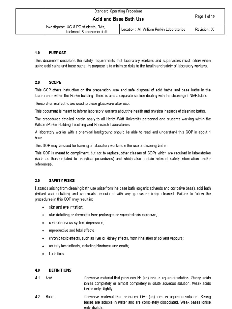Procedure Acid and Base Bath | PDF | Laboratories | Personal Protective ...
