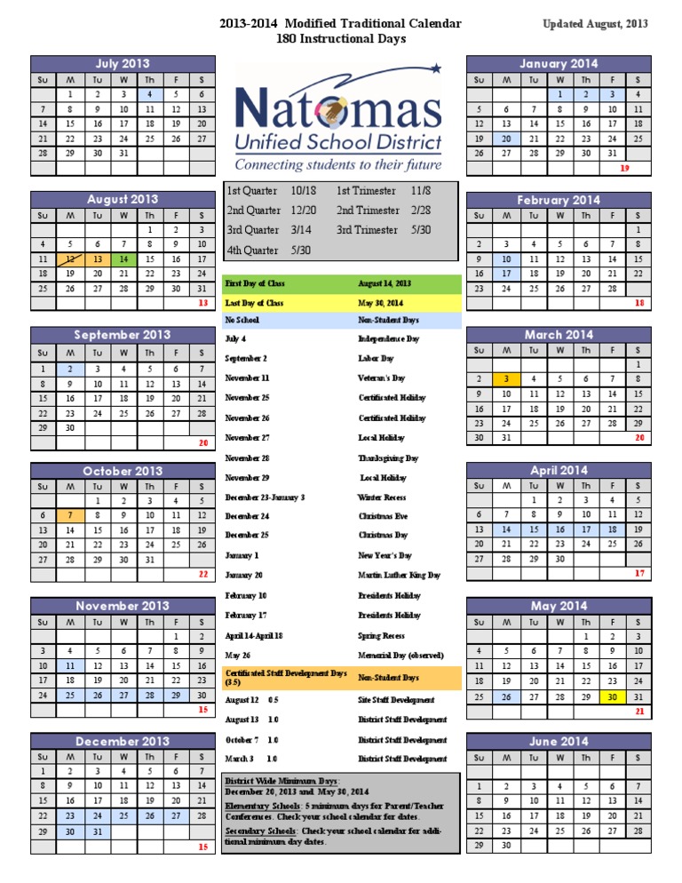 Natomas Unified School District Calendar 2013-14 | PDF