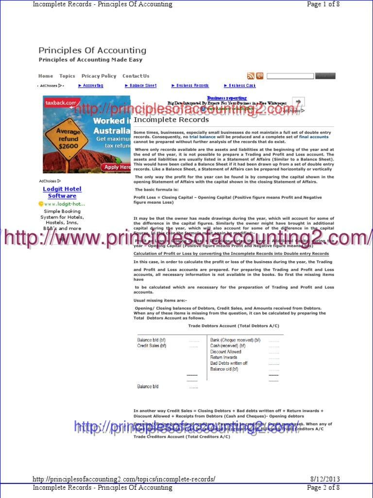 Incomplete Records - Principles of Accounting | PDF | Debits And ...
