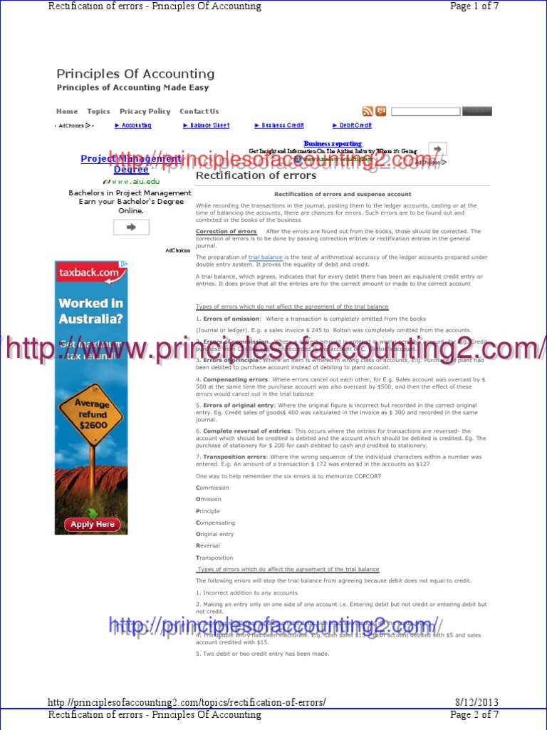 Rectification of Errors - Principles of Accounting | PDF | Debits And ...