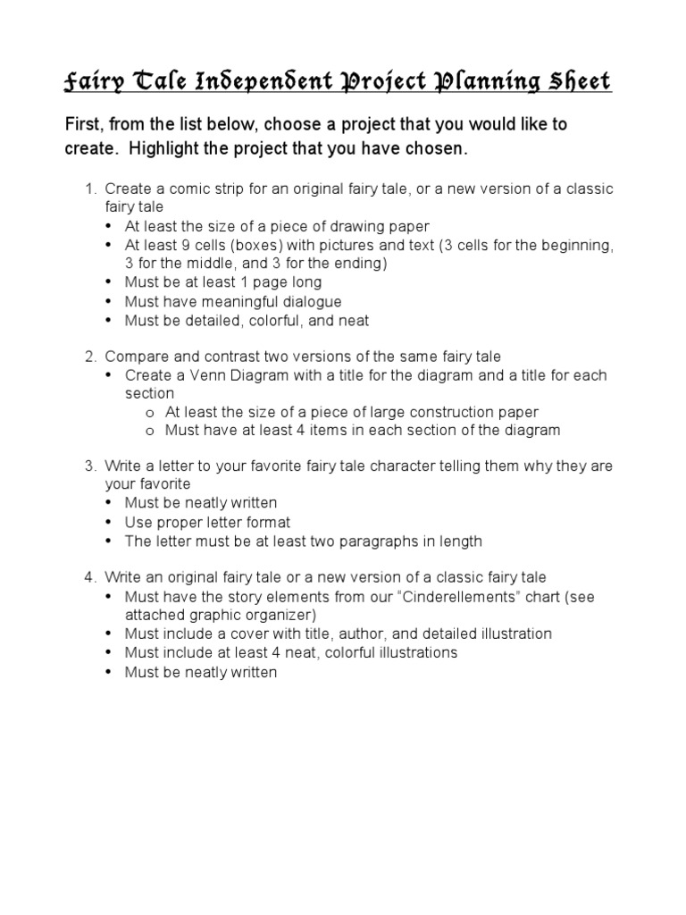 Fairy Tale Project Planning Guide | PDF | Leisure