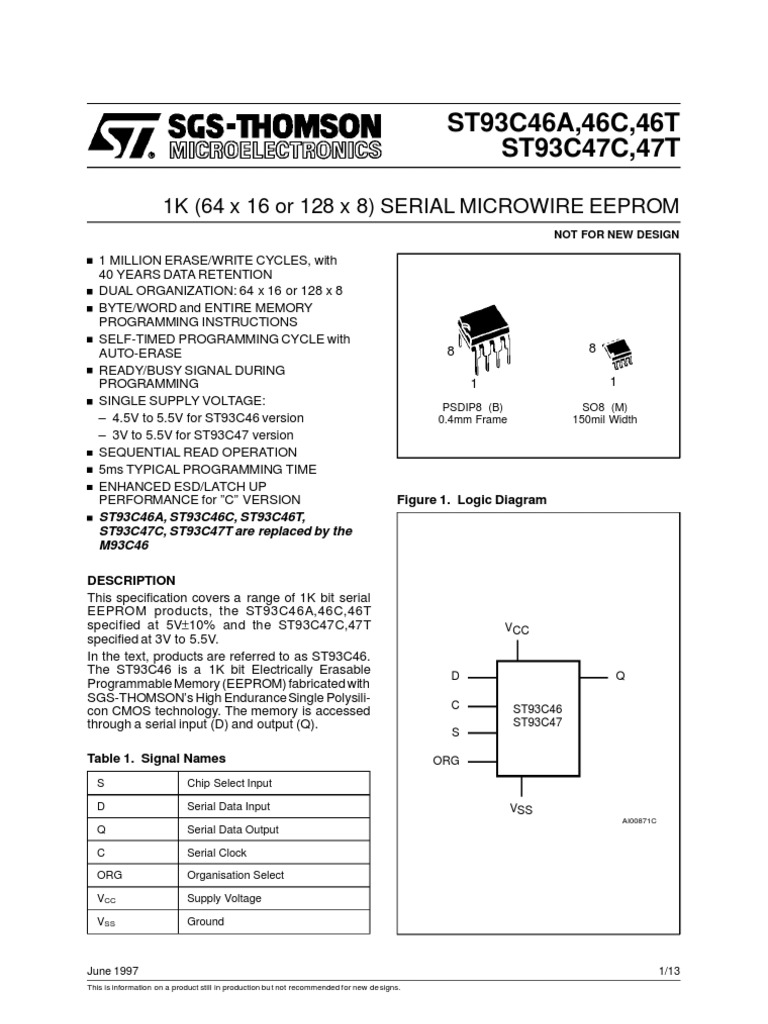 ST93C46 Data Sheets | Instruction Set | Input/Output