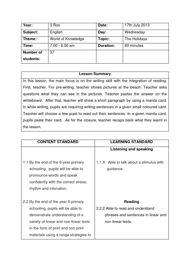 Writing lesson plan kssr year 3 | Reading (Process) | Teachers