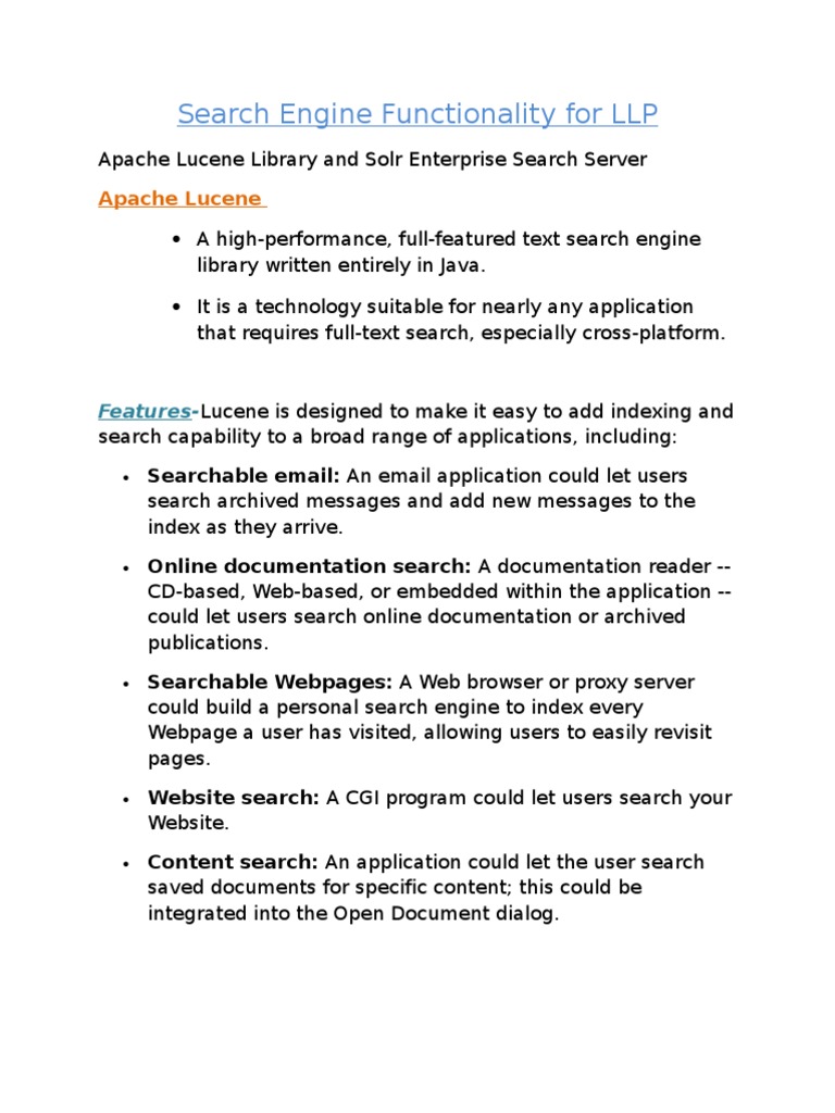 Search Engine Functionality For LLP: Apache Lucene | PDF | Apache Solr | Search Engine Indexing