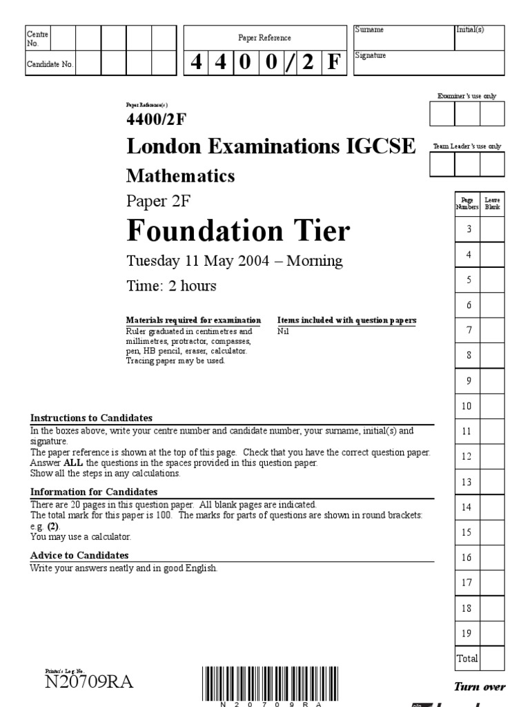 IGCSE Mathematics 4400 May 2004 Question Paper and Mark Scheme Paper 2F ...