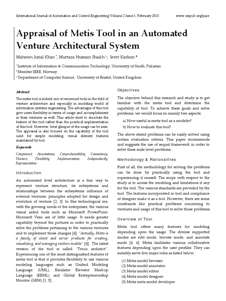 Appraisal of Metis Tool in An Automated Venture Architectural System ...