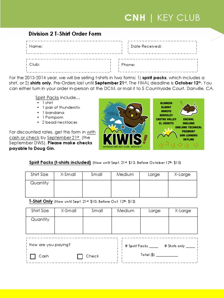 2013-2014 Key Club T-Shirt Order Form | PDF | Sports & Recreation
