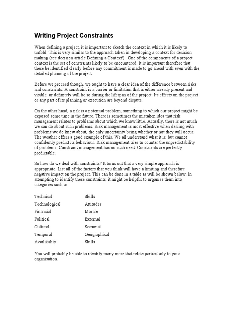 Project Constraints and Assumptions | Download Free PDF | Risk ...