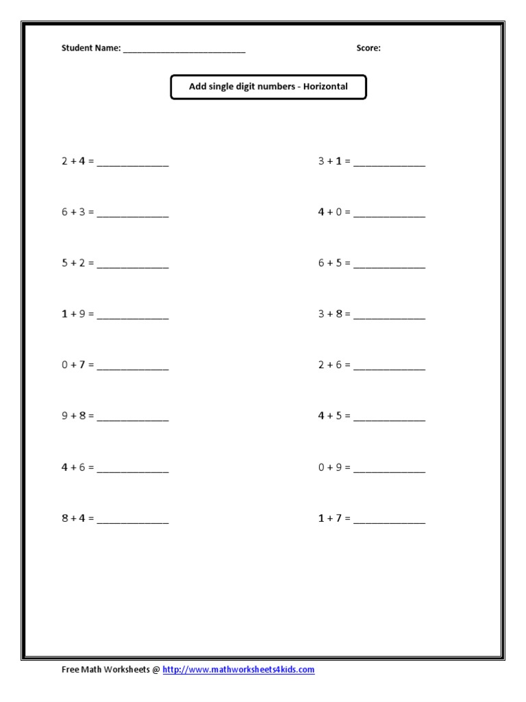 Add Single Digit Numbers - Horizontal | PDF