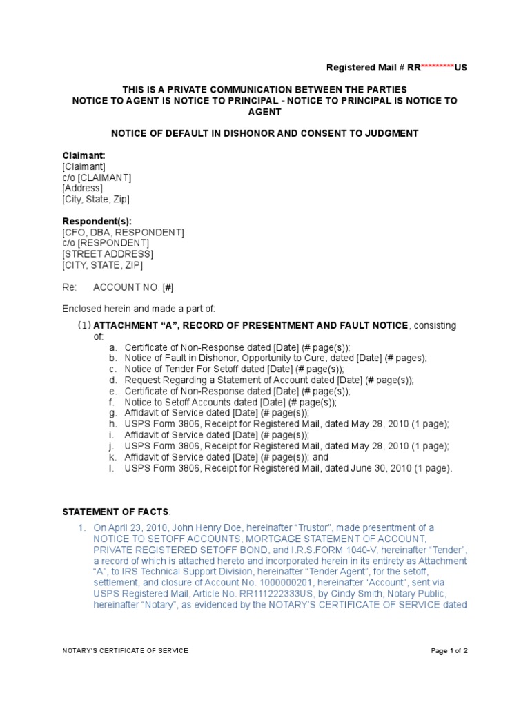 Notice of Default | United States Postal Service | Registered Mail