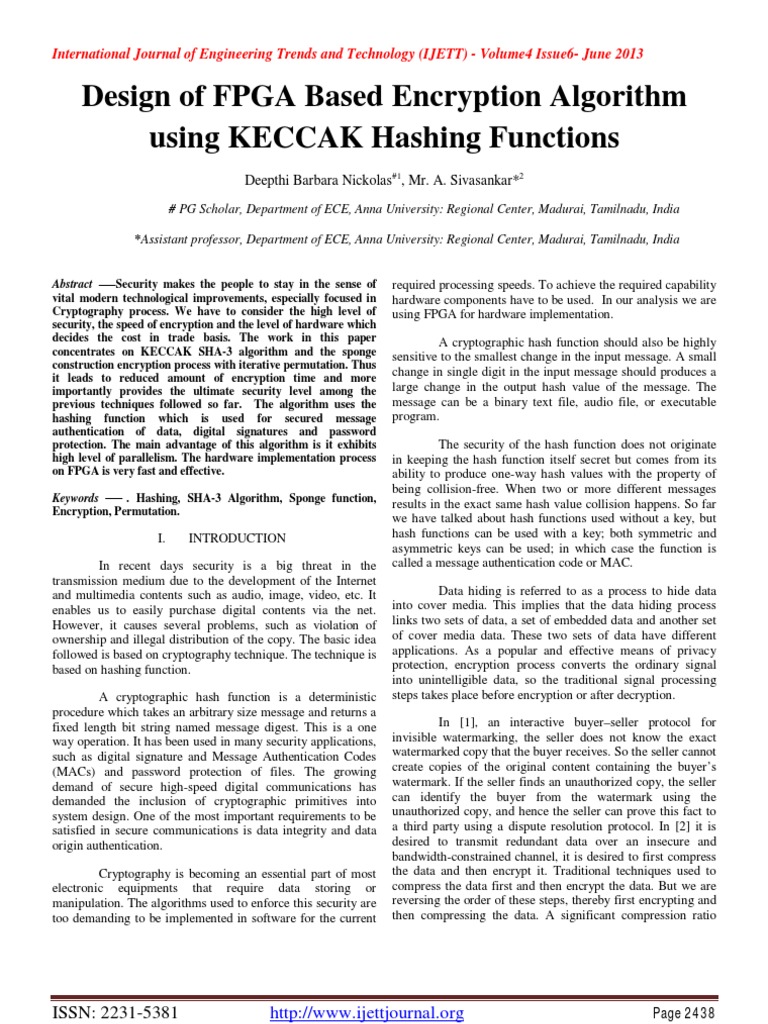 Design of FPGA Based Encryption Algorithm Using KECCAK Hashing Functions | PDF | Cryptography ...