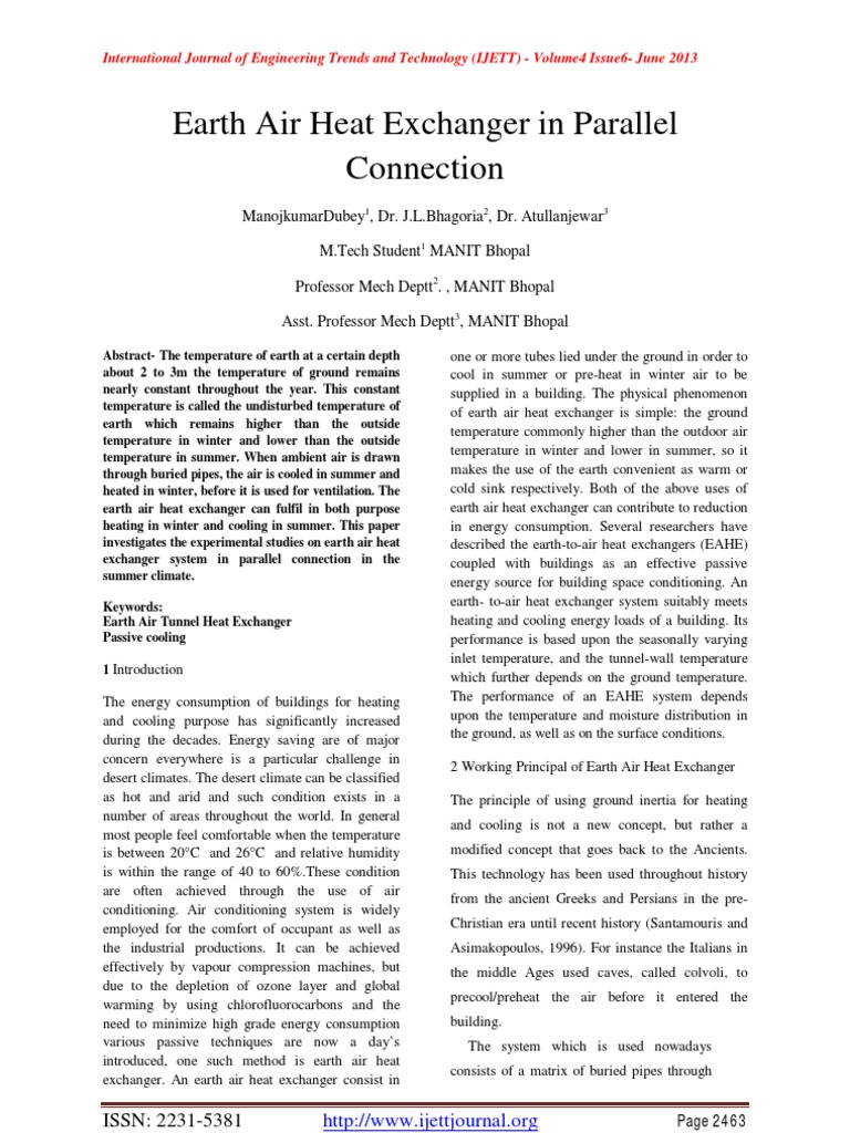 Earth Air Heat Exchanger in Parallel Connection | PDF | Heat Exchanger ...