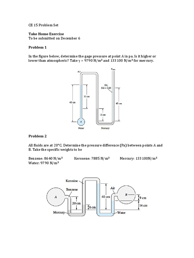 Fluid Mechanics Problem Set | PDF | Pressure | Materials Science