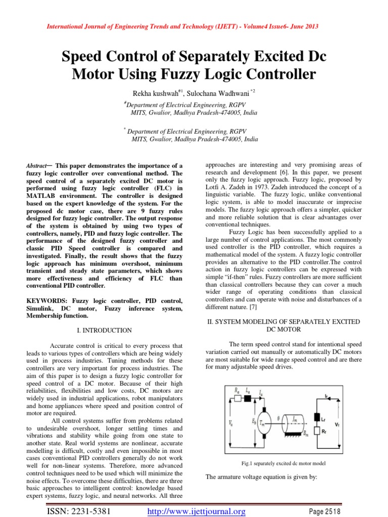 Speed Control of Separately Excited DC Motor Using Fuzzy Logic Controller | PDF | Fuzzy Logic ...