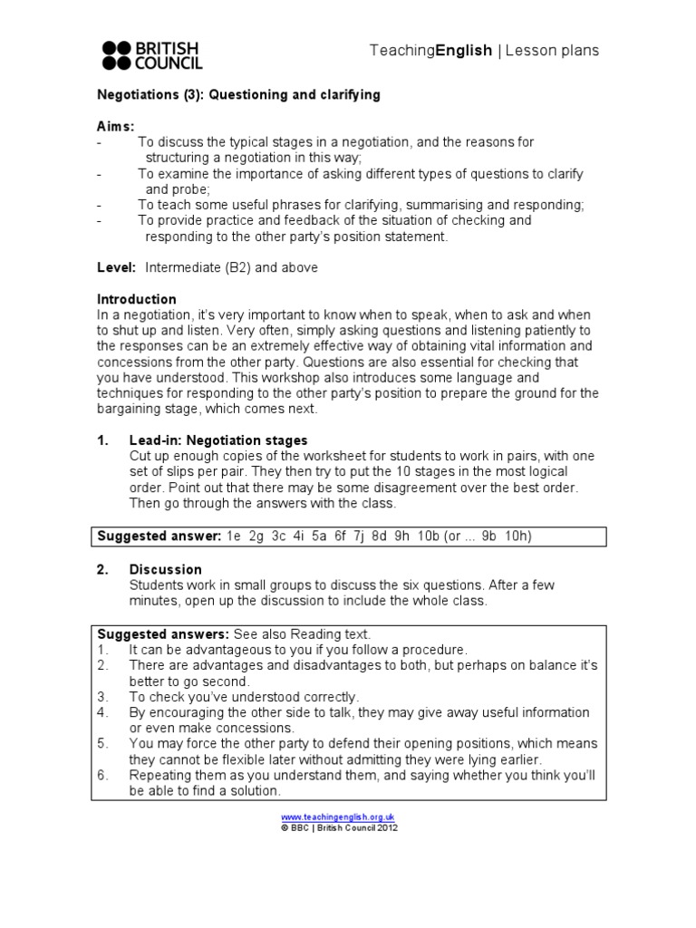 Negotiations 3 - Questioning and Clarifying - Lesson Plan | PDF | Negotiation | Lesson Plan