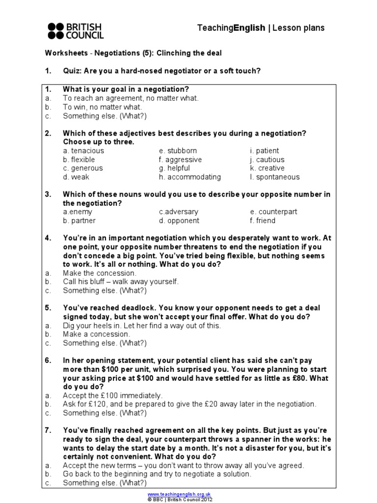 Negotiations 5 - Clinching The Deal - Worksheet | PDF | Negotiation ...