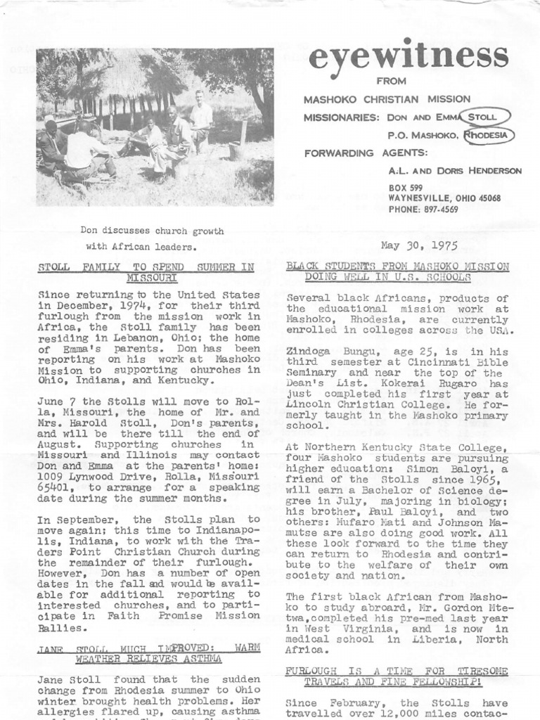 Stoll Don Emma 1975 Rhodesia PDF | PDF | Christian Mission | Churches ...