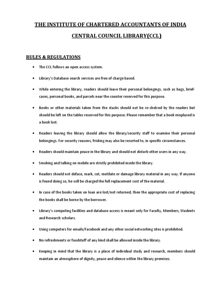 ICAI Central Council Library Rules & Services | PDF | Libraries ...